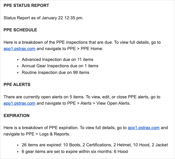 PPE Status Report email