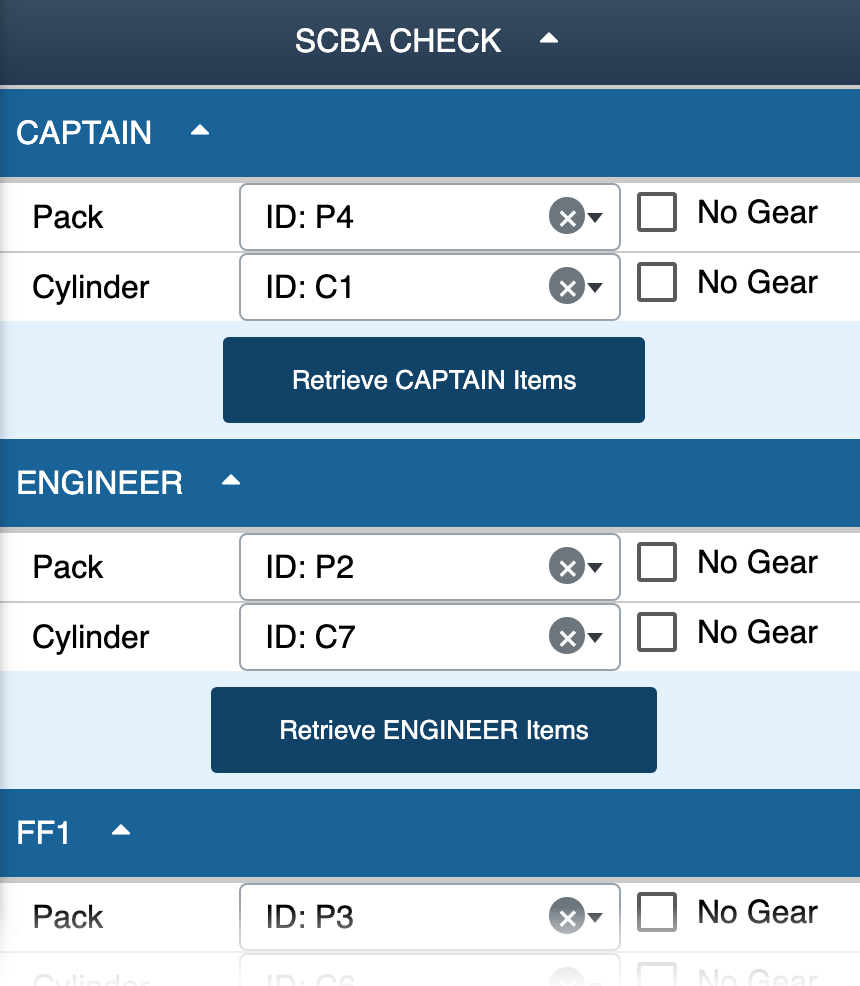 Pre-populate SCBA gear in on-truck checks