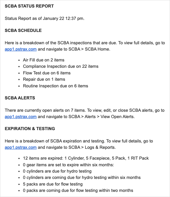 SCBA Status Report email